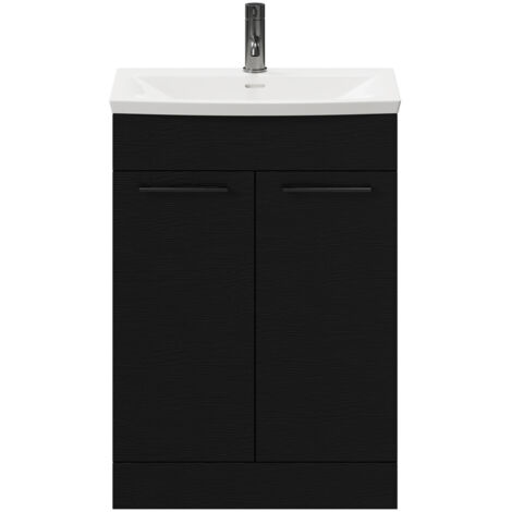 Napoli Nero Oak 600mm Floor Standing Vanity Unit with 1 Tap Hole Curved ...