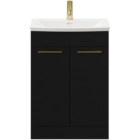Napoli Nero Oak 600mm Floor Standing Vanity Unit with 1 Tap Hole Curved ...