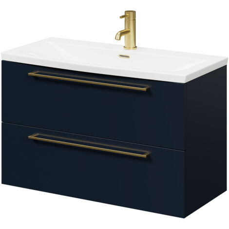 Napoli Deep Blue 800mm Wall Mounted Vanity Unit with 1 Tap Hole Curved ...