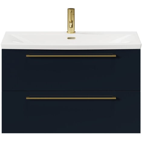 Napoli Deep Blue 800mm Wall Mounted Vanity Unit with 1 Tap Hole Curved ...