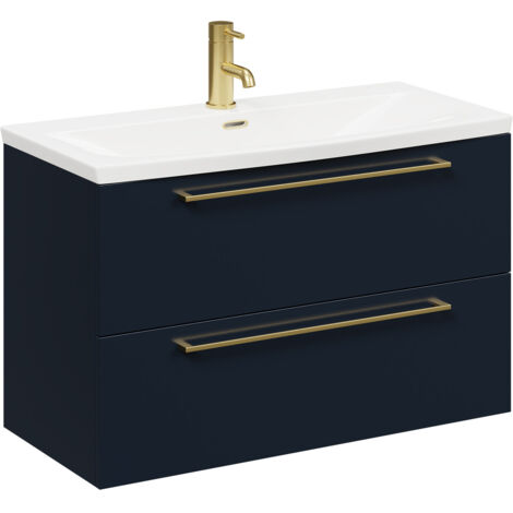 Napoli Deep Blue 800mm Wall Mounted Vanity Unit with 1 Tap Hole Curved ...
