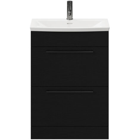 Napoli Nero Oak 600mm Floor Standing Vanity Unit with 1 Tap Hole Curved ...
