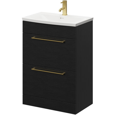 Napoli Nero Oak 600mm Floor Standing Vanity Unit with 1 Tap Hole Curved ...