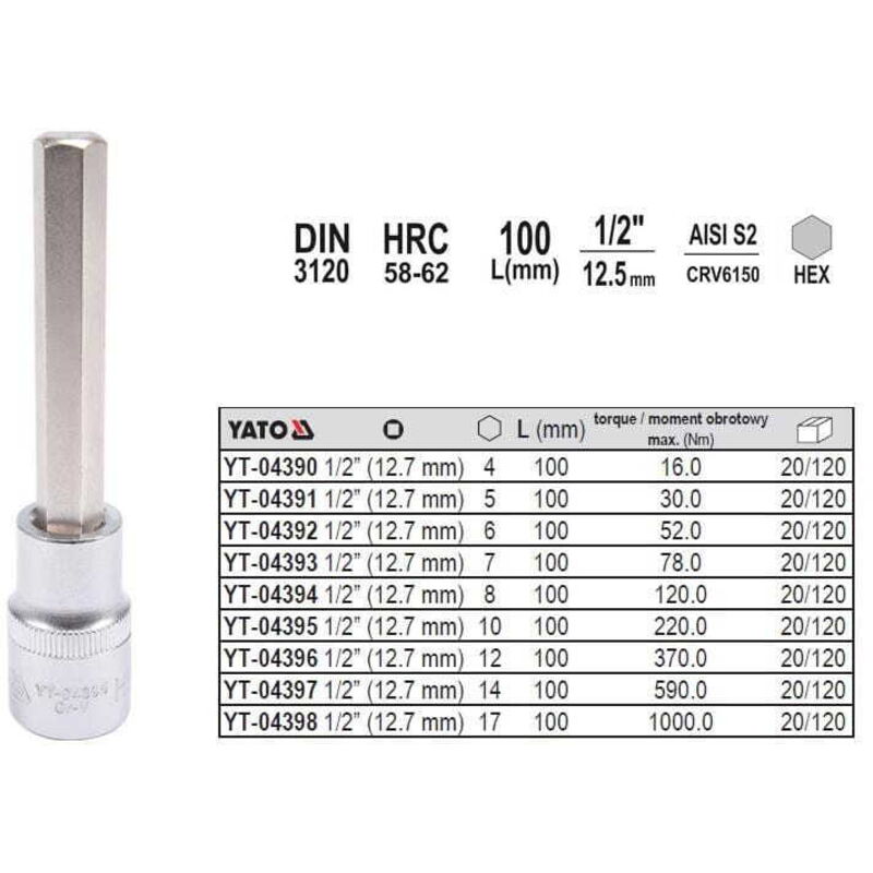 Yato YT-04393 - Socket bit hex 1/2" 7mm l100mm