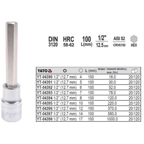 Yato YT-04393 - Socket bit hex 1/2" 7mm l100mm