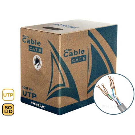 Bobina de Cable de Red 100 m UTP Sólido PHASAK AWG23 Cat.6 CCA – PHR 6100, alta velocidad 1 Gbps ...