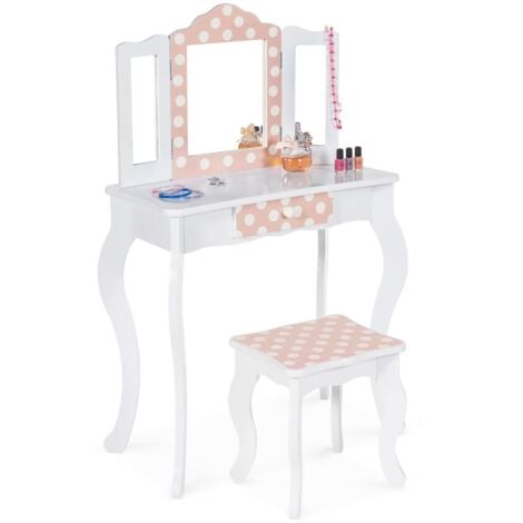 Tocador infantil ROZA blanco y rosa con 3 espejos y taburete