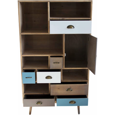 Mobiletto in legno con 6 ripiani 1 anta e 7 cassetti colorati PARK