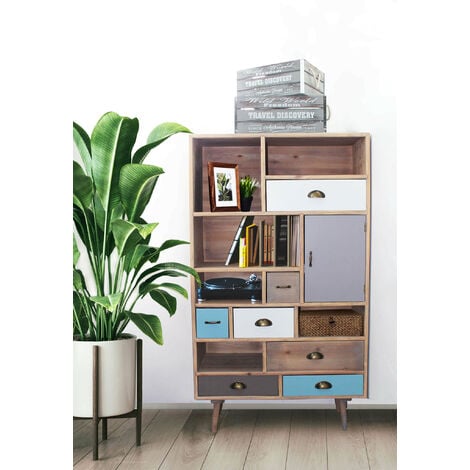 Mobiletto in legno con 6 ripiani 1 anta e 7 cassetti colorati PARK