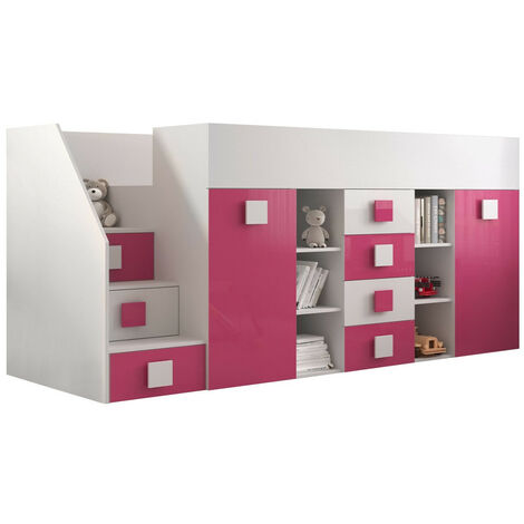 Letto alto Hartford 366, Bianco + Rosa lucido + Bianco lucido, Singolo ...