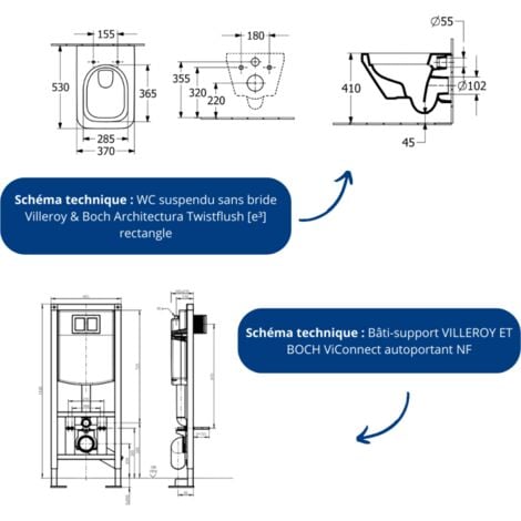 Pack WC suspendu sans bride Villeroy & Boch Architectura Twistflush [e³] rectangle+bâti-support ...