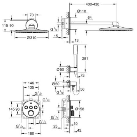 GROHE Ensemble douche encastrable Grohtherm SmartControl Rainshower 310 SmartActive Cube ...
