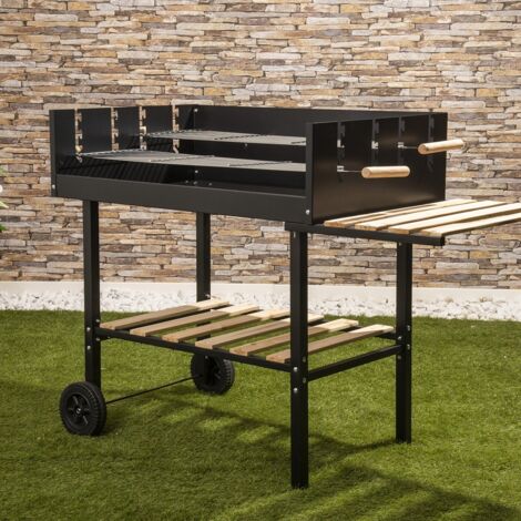 Rechteckiger Metallgrill mit Rädern Doppelte Holzregale BESTBQ Kochraster