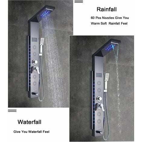 LED Shower Panel Column Tower with Waterfall,Rainfall Shower Head,Body Jets,Handheld Shower and ...