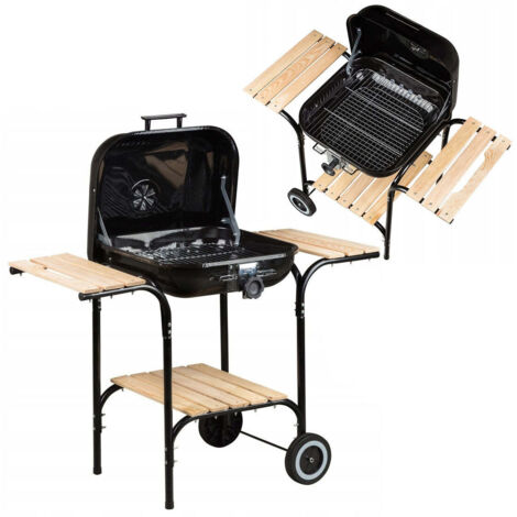 Grand barbecue de jardin avec grille reglable etageres en bois