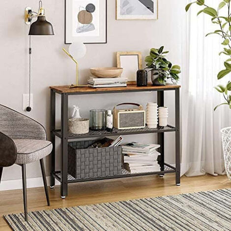 Rustic console table with mesh shelves and steel frame
