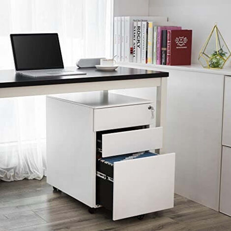 Compact steel office cabinet with 3 drawers and wheels