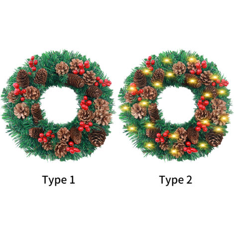 Couronne de Noël de 12 pouces avec pommes de pin, fruits rouges, guirlande suspendue de joyeux ...