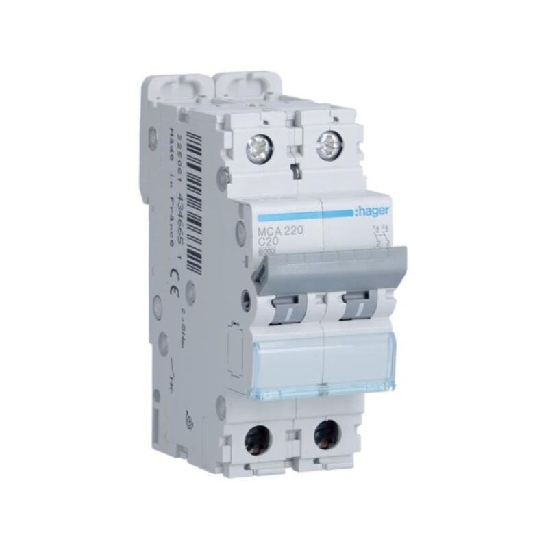 Interruttore automatico magnetotermico 2 poli 20 a 6 ka curva c 2 m. din hager mca220