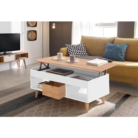 Mesa Centro Elevable con Cajón Deslizante y huecos de almacenaje, Color Blanco y Madera. Medidas ...