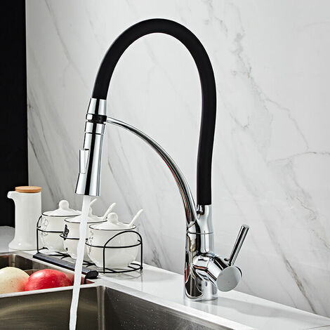 Kitchen Faucet, Flexible 360° Swivel Spout and Black Silicone Hose ...