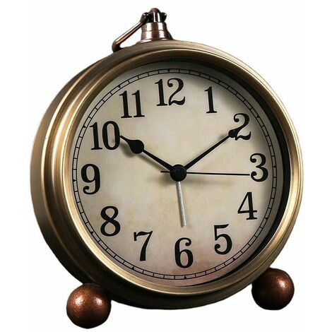 Golden metal table clock, small retro vintage non-ticking alarm clock ...