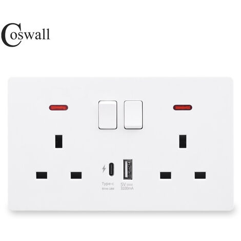 Double Switched Socket 13 Amp with USB A and Type C Charging Ports Wall ...