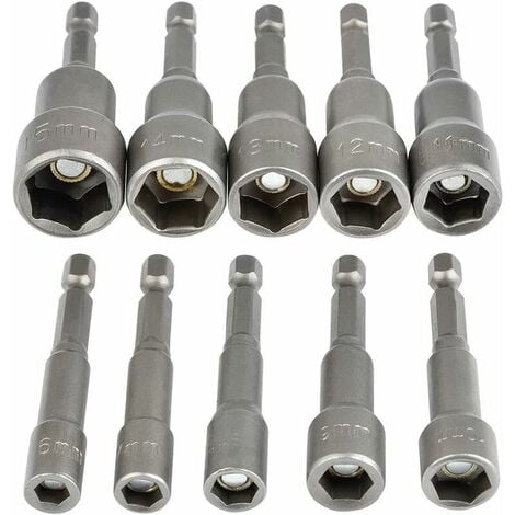 10Pcs Drill Hex Socket Socket Set Magnetic 1 4 Hex Socket Socket Adapter 6 15mm Socket Adapter Tool