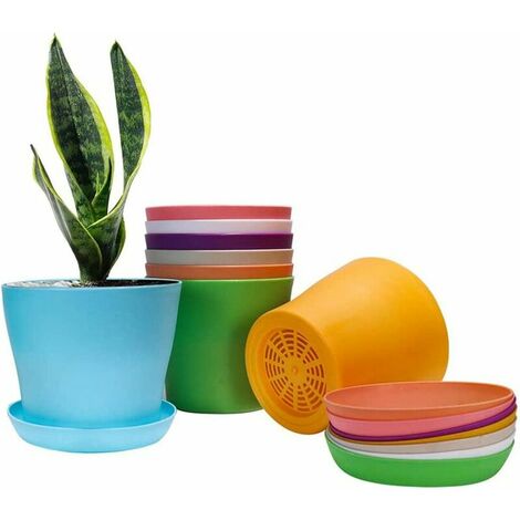Set of 8 Colorful Plastic Flower Pots with Drip Trays, Saucers, Cups ...