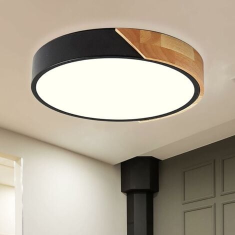 Black LED Ceiling Lights, Modern Wooden Ceiling Light, 18W Round Flush ...