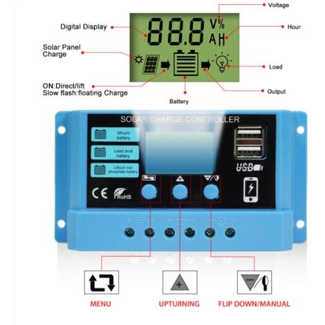Contrôleur de Charge 30A 12V/24V Régulateur de Charge Panneau Solaire Intelligent avec écran LCD ...