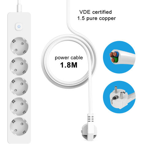 Electric Rallonge multiprises 5 Prises 2P Blanche 1.8m, Blanc