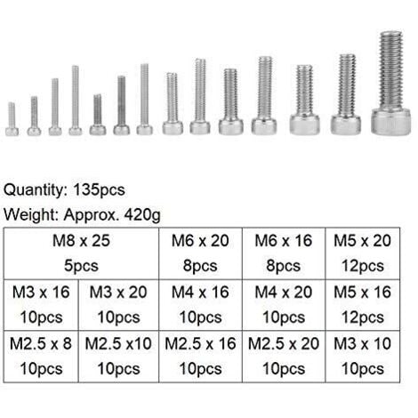 Lot De 135 Vis à Tête Hexagonale En Acier Inoxydable 304 M2.5 M3 M4 M5 M6 M8 Avec étui De Rangement