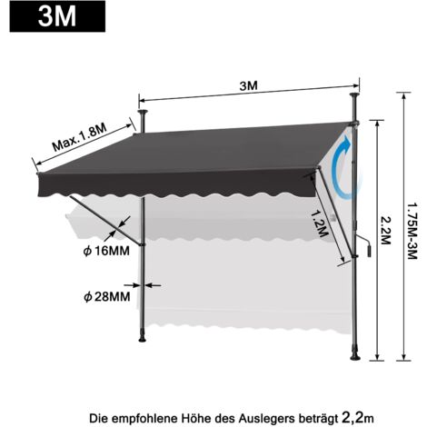 Store de balcon rétractable - 300 x 120 cm, Avec manivelle, Sans ...