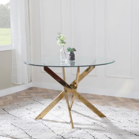 Venezia Glass 4 Seater Round Dining Table with Gold Metal Transparent