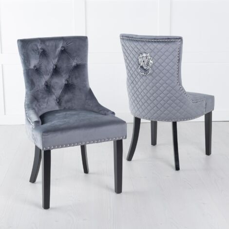 Set of 2 Lion Knocker Back Velvet Fabric Dining Chair with Black Wooden ...