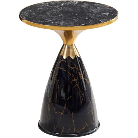 Debra Ceramic Round Side Table with Black Base and Gold Trim