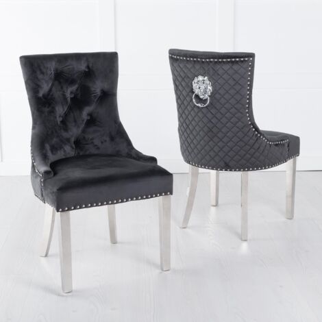 Set of 4 Lion Knocker Back Velvet Fabric Dining Chair with Chrome Legs