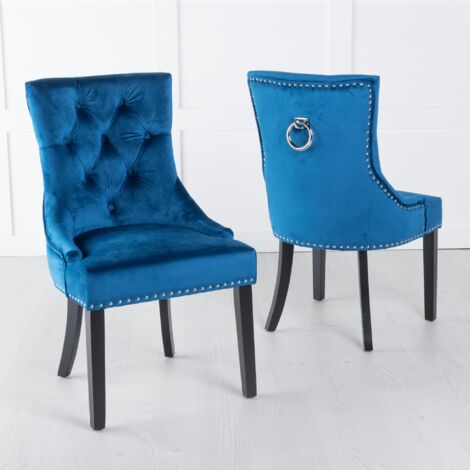 Knocker Back Blue Velvet Fabric Dining Chair with Black Wooden Legs
