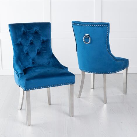 Knocker Back Blue Velvet Fabric Dining Chair with Chrome Legs