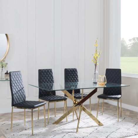 Chopstick Clear Glass and Gold Metal Dining Set - Metro Black Leather ...