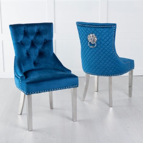 Lion Knocker Back Blue Velvet Fabric Dining Chair with Chrome Legs