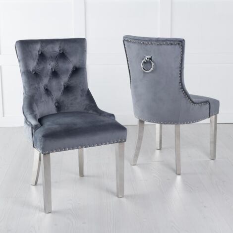 Knocker Back Grey Velvet Fabric Dining Chair with Chrome Legs