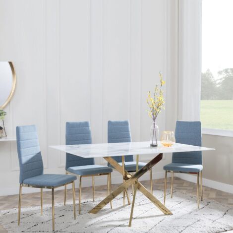 Chopstick White Glass and Gold Metal Dining Set - Lido Blue Fabric ...