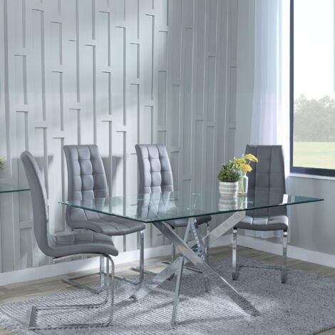 Chopstick Clear Glass and Chrome Metal Dining Set - Jamison Grey Faux ...