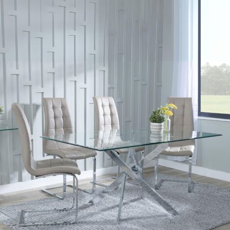 Chopstick Clear Glass and Chrome Metal Dining Set - Jamison Beige Faux ...
