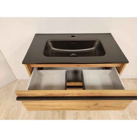 MUEBLE DE BAÑO SUSPENDIDO EMONT 80 CM. 2 CAJONES ROBLE GOLD CON LAVABO MARTE NEGRO TIR. NEGRO