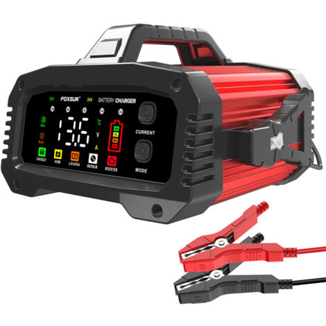 Chargeur de batterie de voiture FOXSUR 25A, Portable 12V/25A 24V/15A, Coque en alliage d ...
