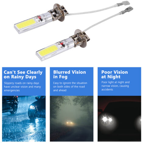 Jeffergarden 2pcs H3 COB LED Lumineux Xénon Blanc 6000K Voiture Auto ...