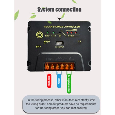 Jeffergarden Contrôleur de charge solaire 20 A 12 V/24 V, régulateur de panneau avec port USB 5 ...